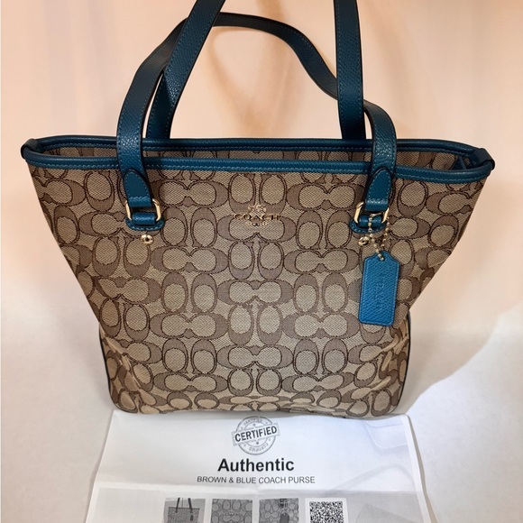 Coach | Bags | Coach Zip Top Tote Bag Khaki Signature Canvas Euc With ...